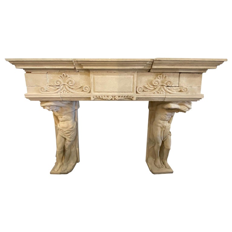 French Limestone Mantel Atlas Atlantes For Sale at 1stDibs