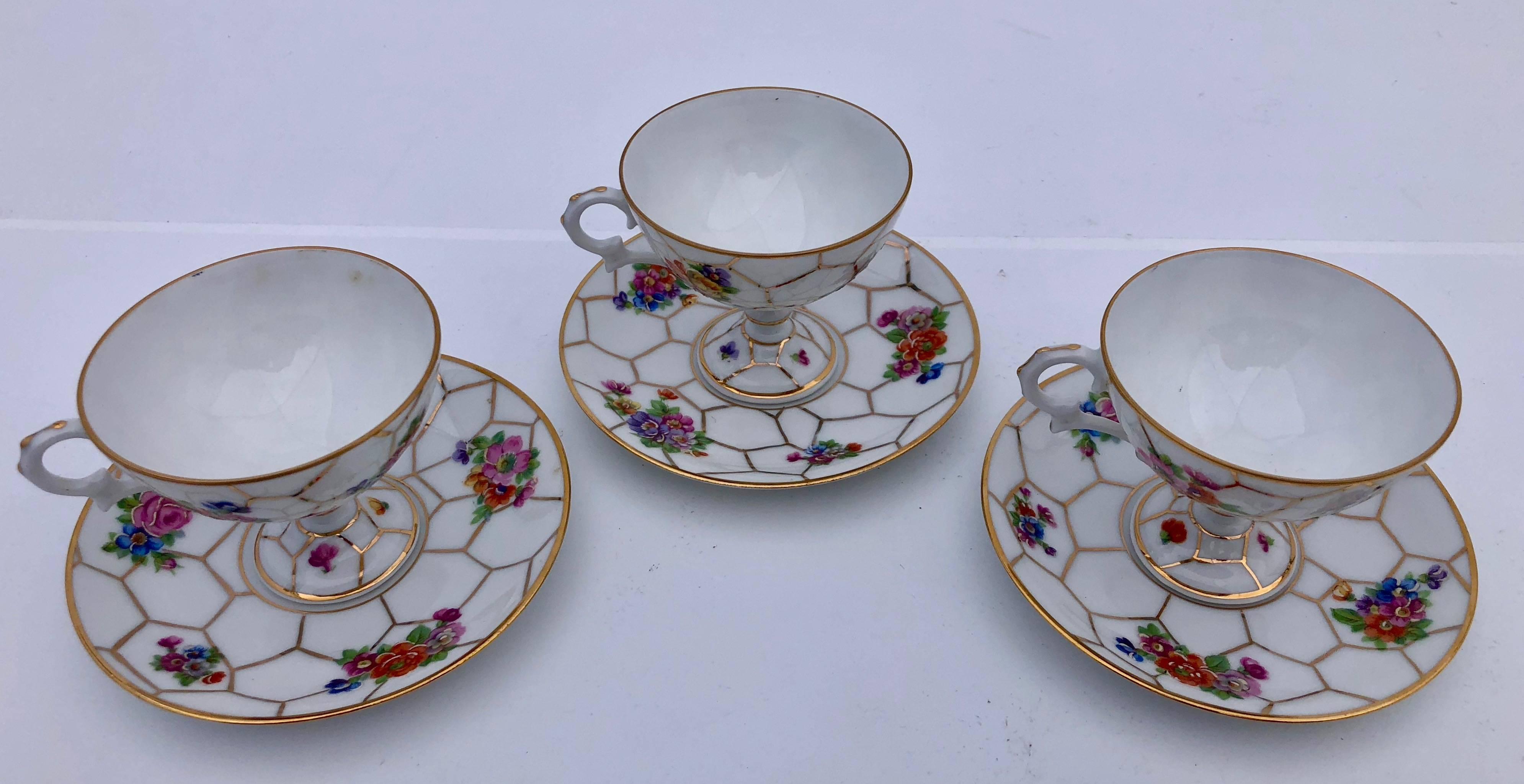 Limoges Bone China Tea Cups with Legs and Saucers, Set of Three, Early ...