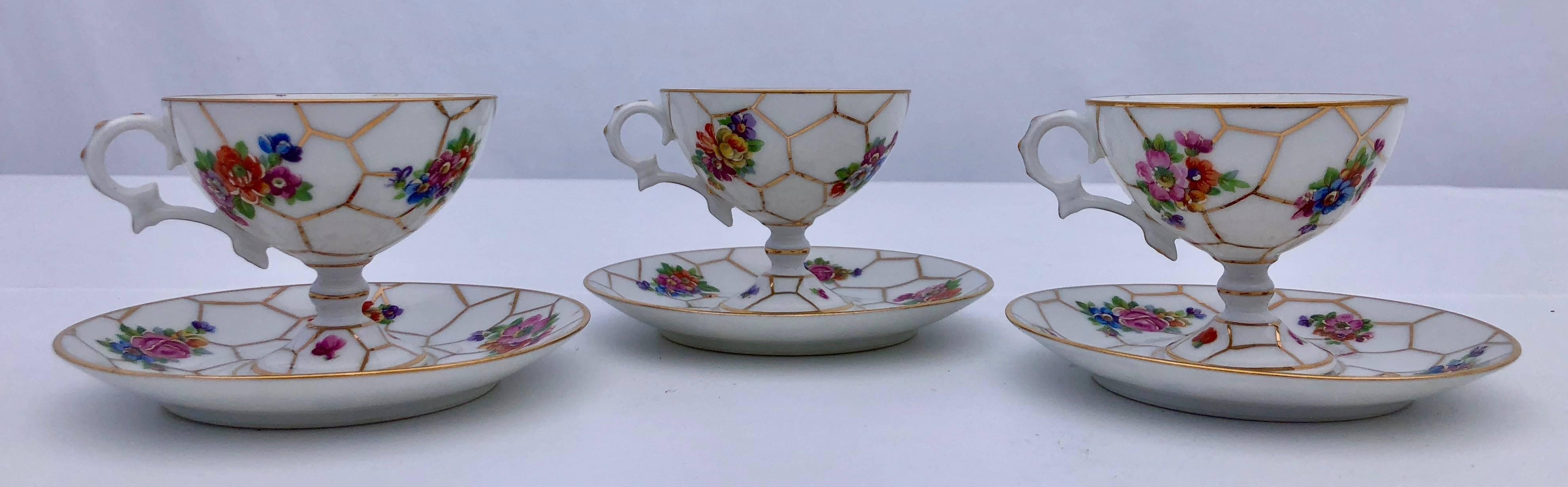 Limoges Bone China Tea Cups with Legs and Saucers, Set of Three, Early ...