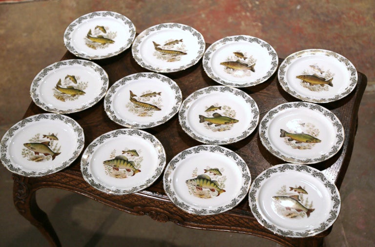 French Limoges Porcelain Service with Fish Decor Signed Benoit, Set of ...