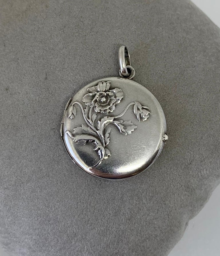 French Locket Art Nouveau Sterling Silver Poppy Flower Pendant Necklace ...