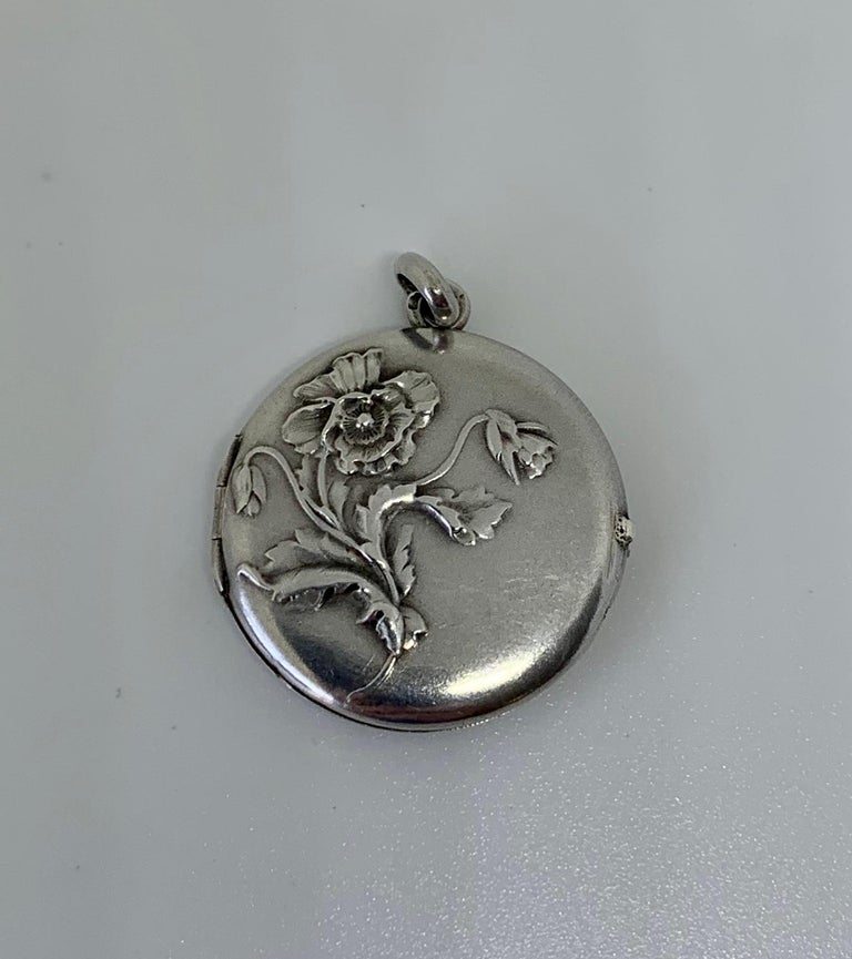 French Locket Art Nouveau Sterling Silver Poppy Flower Pendant Necklace ...