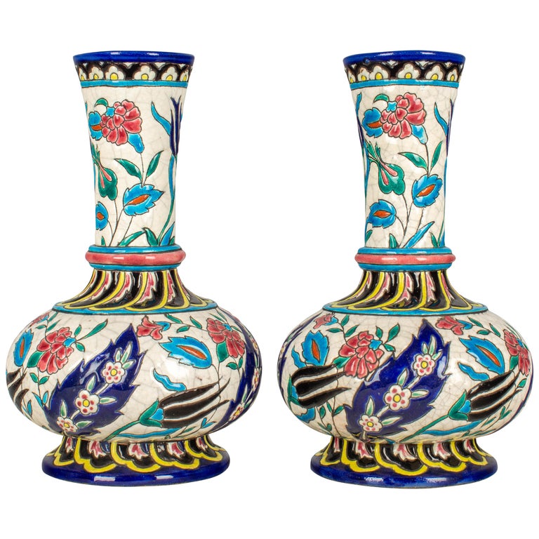 French Longwy Ceramic Cloisonné Vases, Pair of the 19th Century at 1stDibs