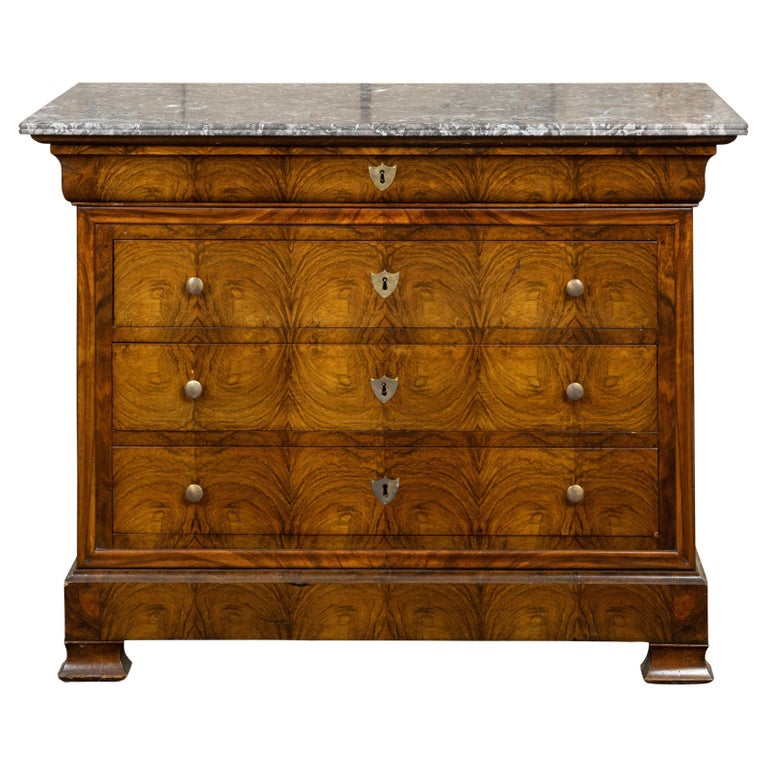 French Louis-Philippe Commode with Grey Marble Top and Butterfly Veneer ...