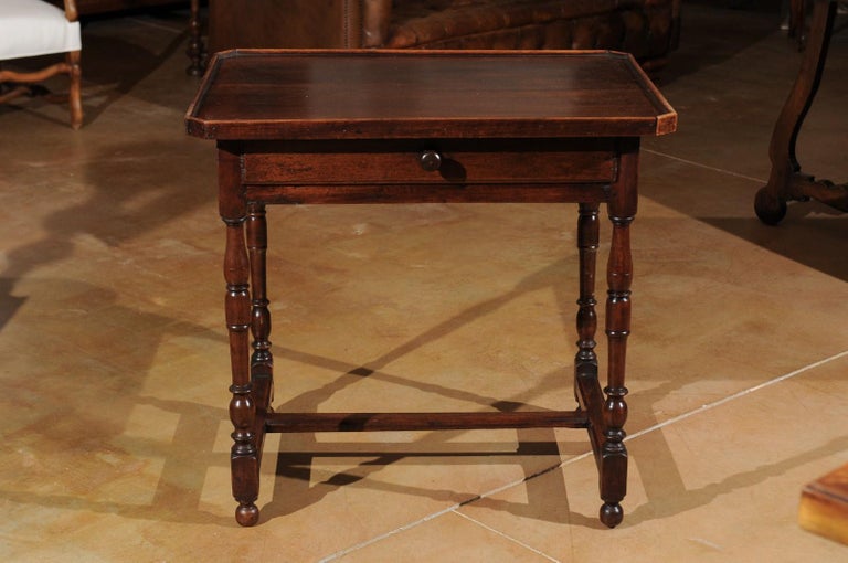 French Louis XIII Style 1850s Walnut Side Table with Drawer and Turned ...