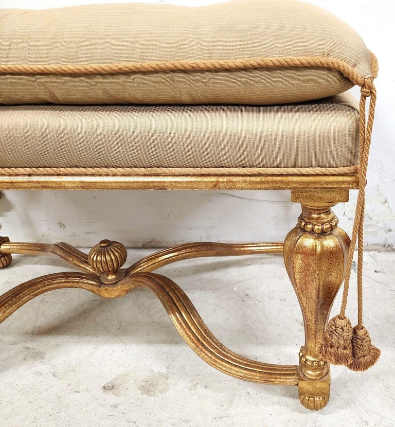 French Louis XV Bench Tufted Tassels Giltwood Gold For Sale at 1stDibs
