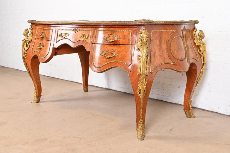 French Louis XV Kingwood and Burl Wood Bureau Plat Leather Top Desk ...