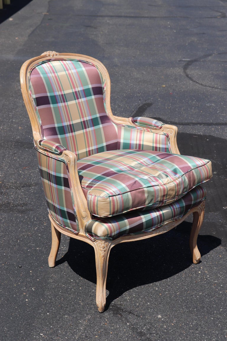 French Louis XV Limed Walnut Plaid Upholstered Bergere Chairs For Sale ...