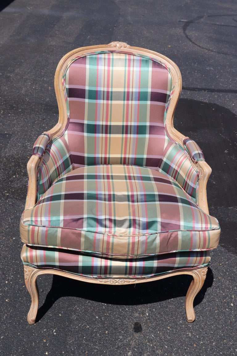 French Louis XV Limed Walnut Plaid Upholstered Bergere Chairs For Sale ...