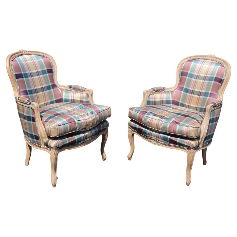 French Louis XV Limed Walnut Plaid Upholstered Bergere Chairs For Sale ...