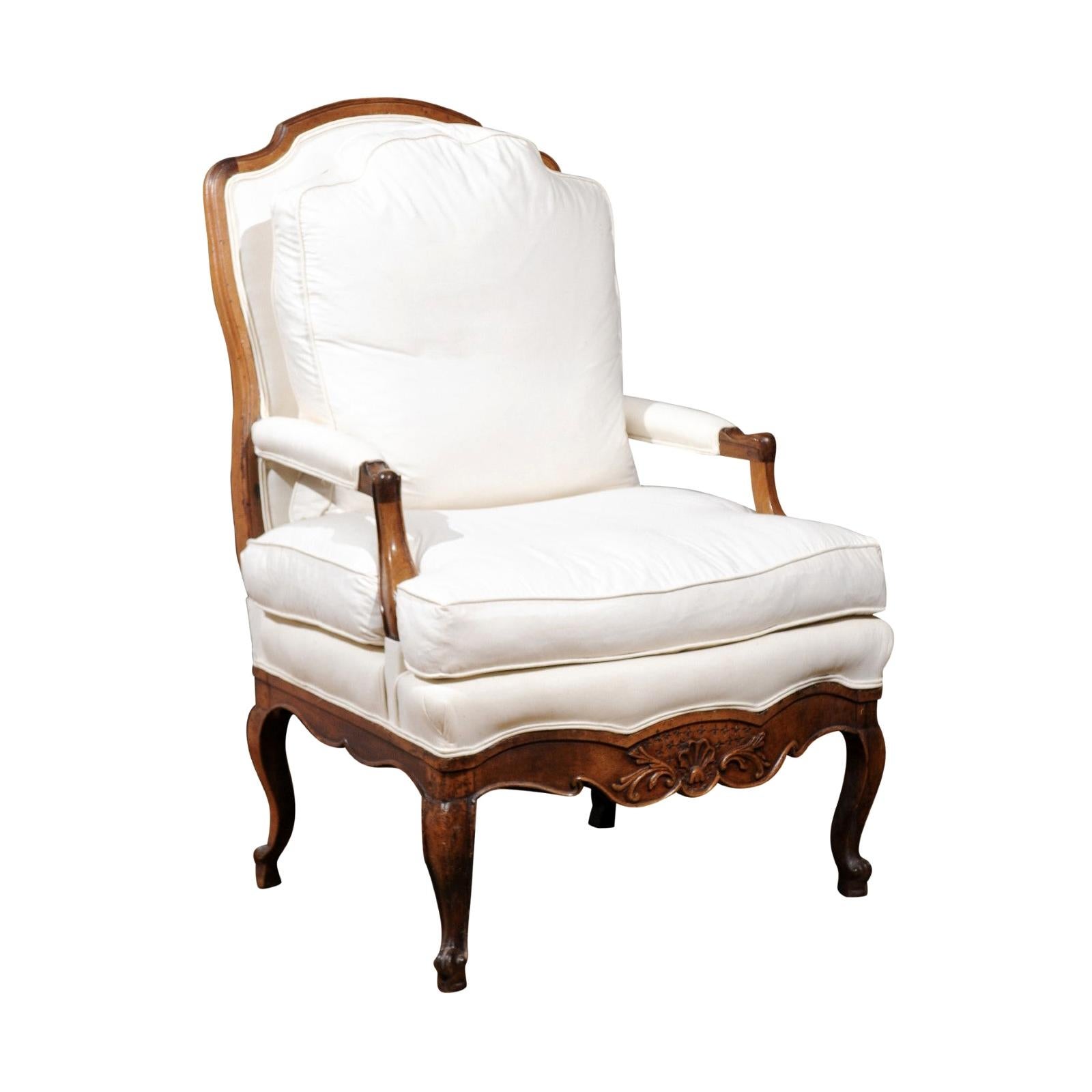 French Louis XV Style Walnut Armchair with Linen Upholstery and Brass ...