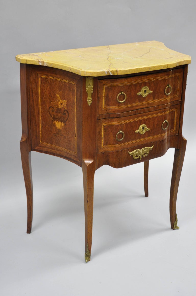 French Louis XV Style Inlaid Marble-Top Bombe Commode End Table ...