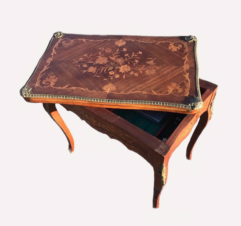 French Louis XV Style Marquetry Inlaid Bronze Swivel Top Card Game ...