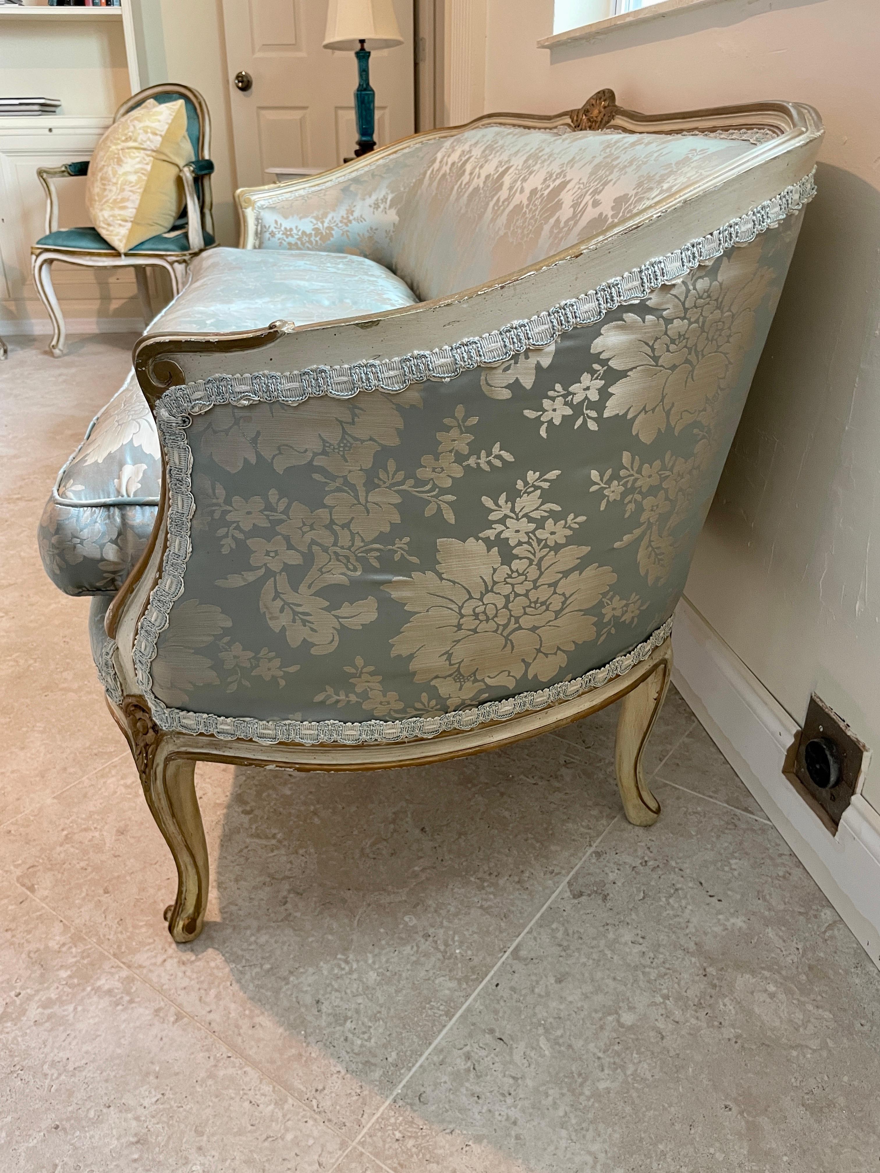 French Louis XV Style Sofa Down Filled in Blue Silk Damask For Sale at ...