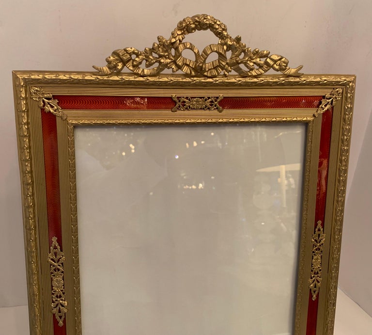 French Louis XVI Bronze Red Guilloche Enameled Picture Frame Wreath ...