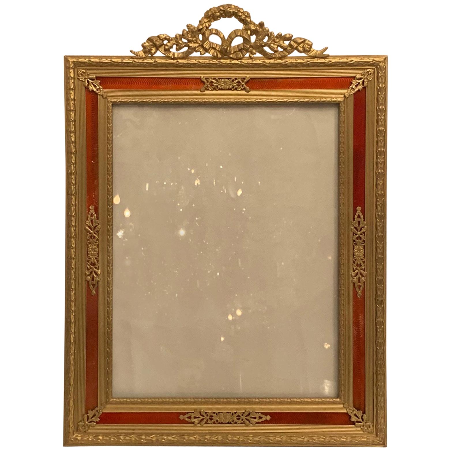 French Louis XVI Bronze Red Guilloche Enameled Picture Frame Wreath ...