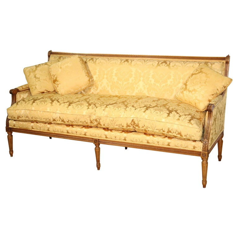 French Louis XVI Carved Walnut Yellow Damask Settee Canape, Circa 1960 ...
