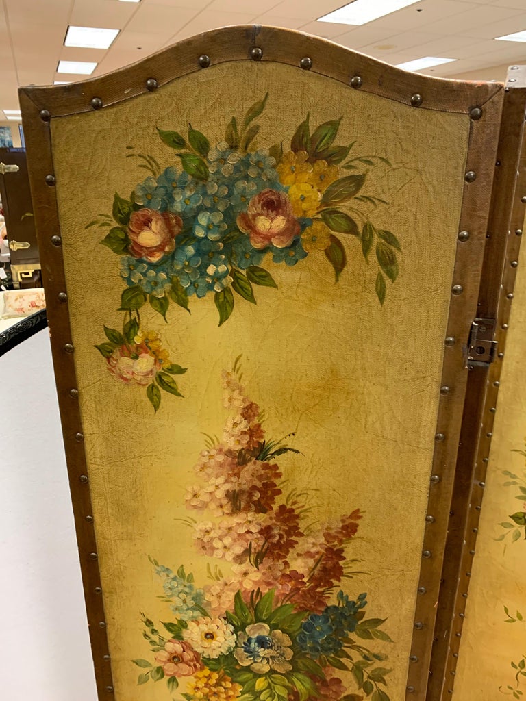 French Louis XVI Leather and Hand Painted Three Panel Screen Expandable ...