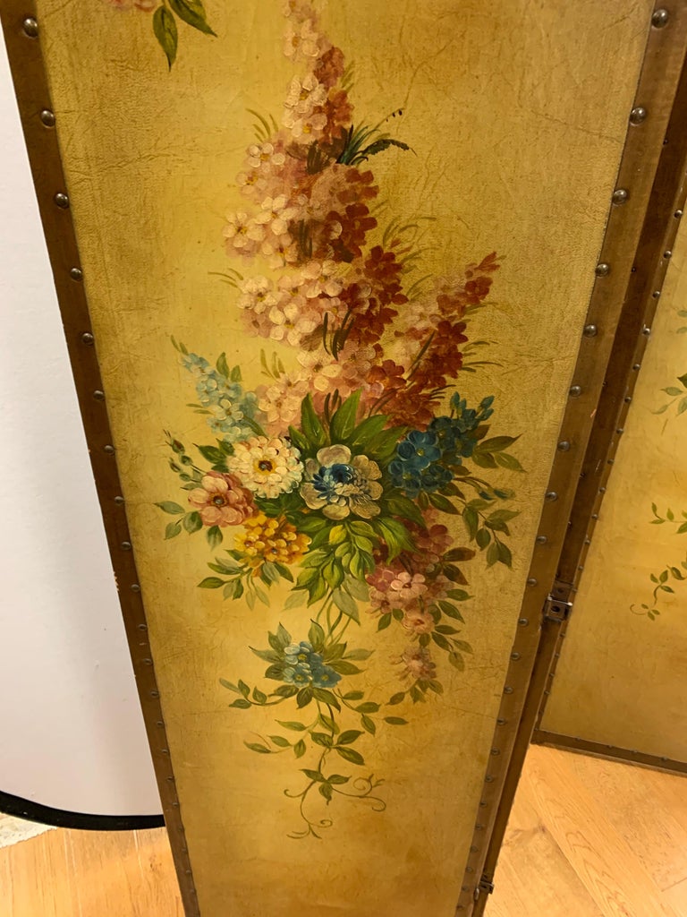 French Louis XVI Leather and Hand Painted Three Panel Screen Expandable ...