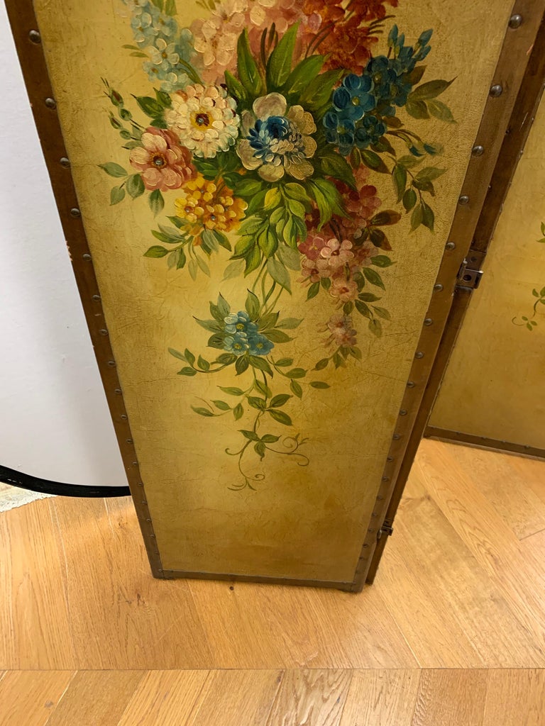 French Louis XVI Leather and Hand Painted Three Panel Screen Expandable ...