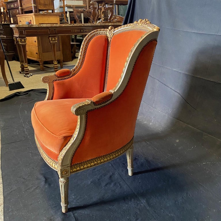 French Louis XVI Pair of Carved and Gilded Velvet Wingback Chairs For ...