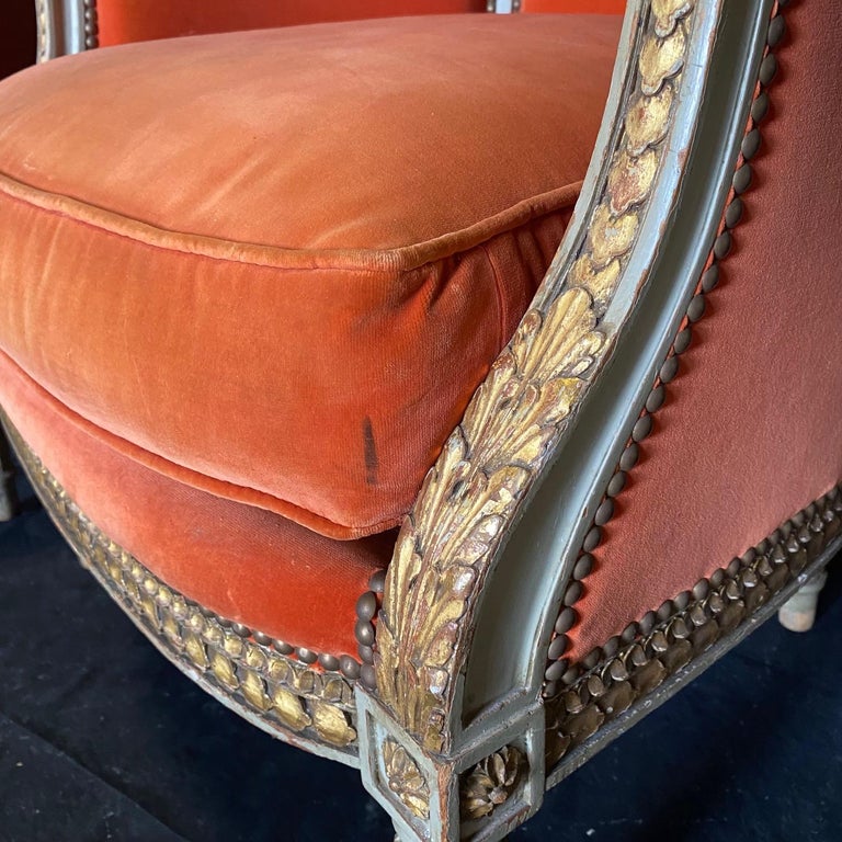 French Louis XVI Pair of Carved and Gilded Velvet Wingback Chairs For ...