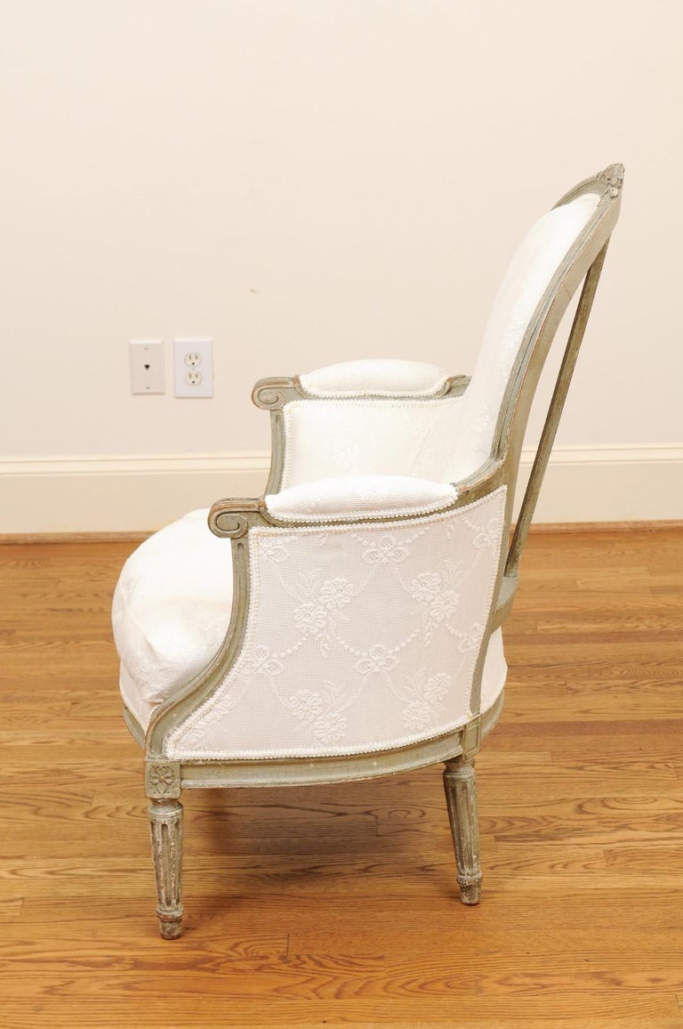 French Louis XVI Style 1840s Painted Bergère Chair with Carved Floral ...
