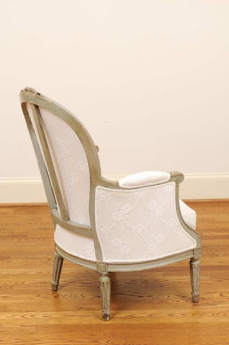 French Louis XVI Style 1840s Painted Bergère Chair with Carved Floral ...