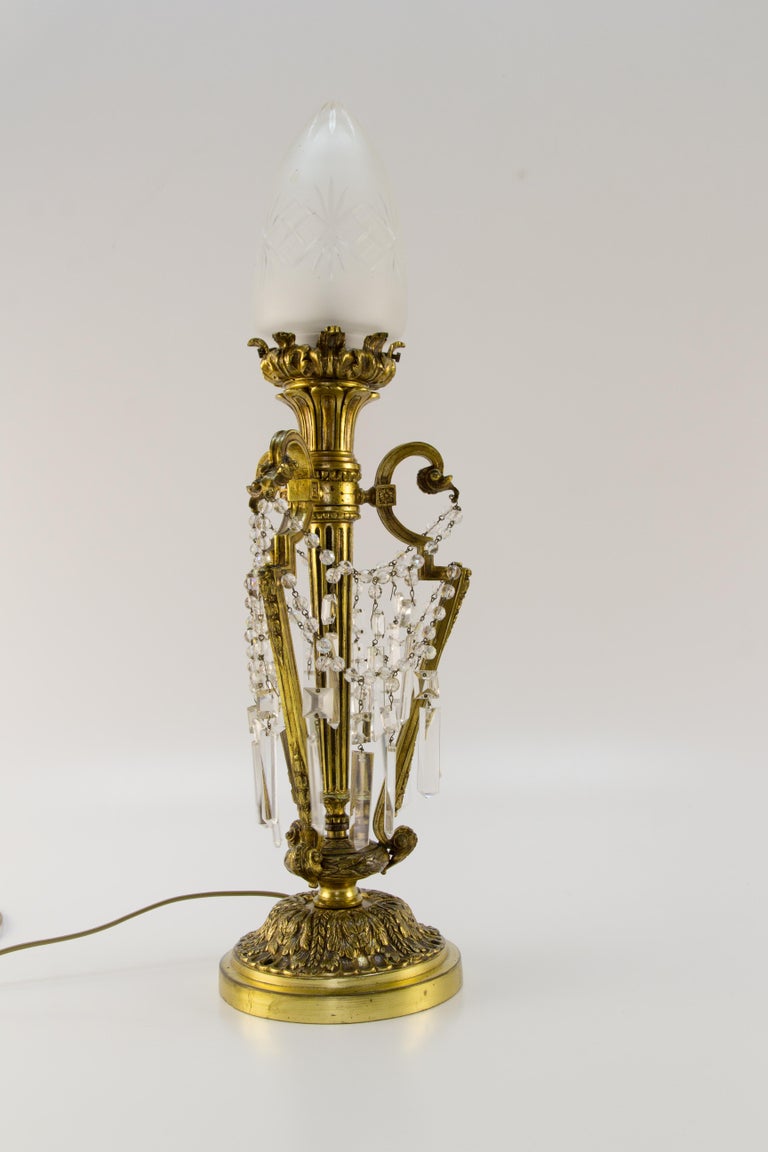 French Louis XVI Style Bronze and Crystal Newel Post Lamp at 1stDibs