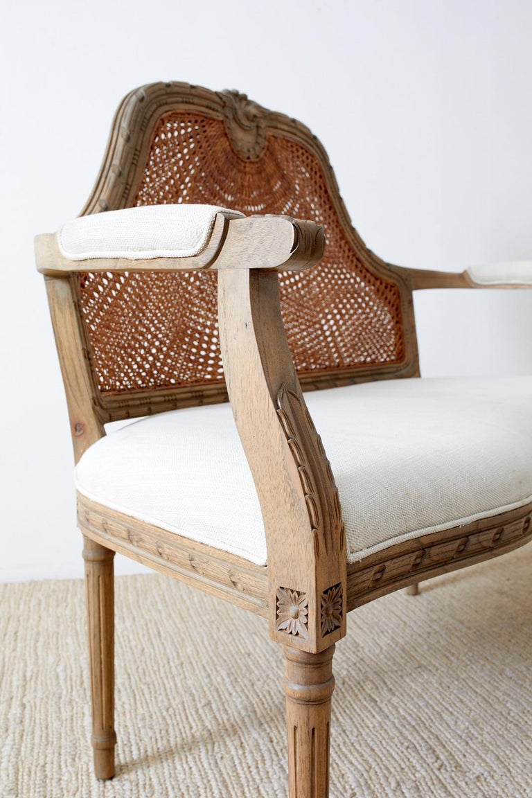 French Louis XVI Style Caned Back Linen Settee at 1stDibs
