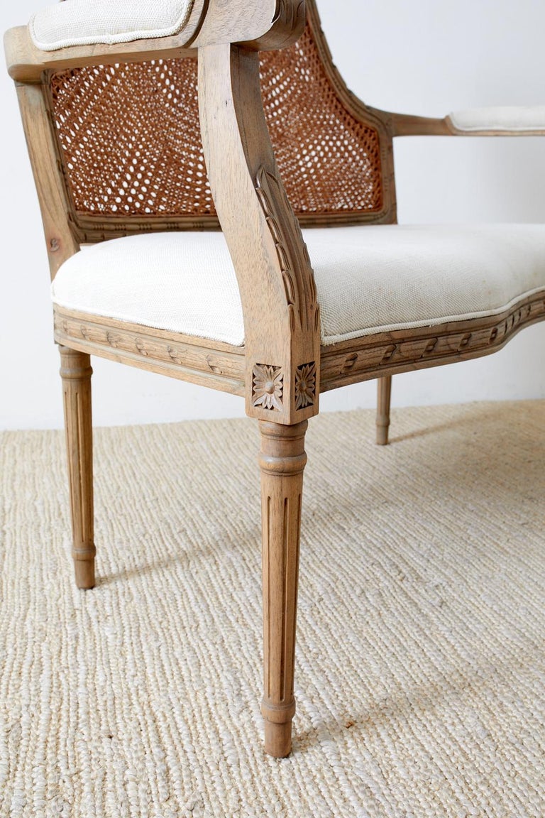 French Louis XVI Style Caned Back Linen Settee at 1stDibs