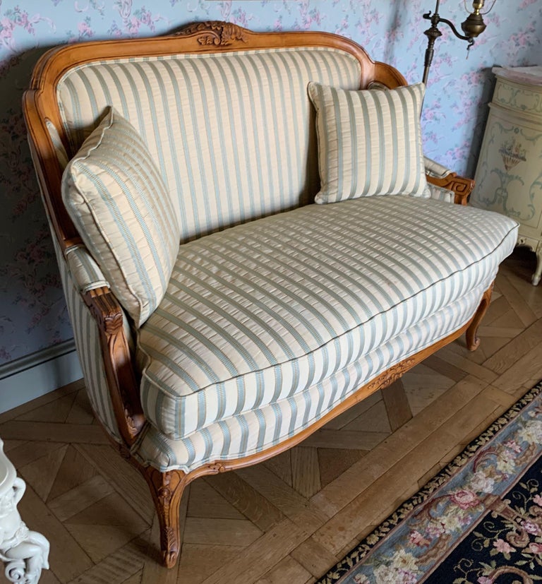 French Louis XVI Style Carved Settee Loveseat with Silk Striped ...