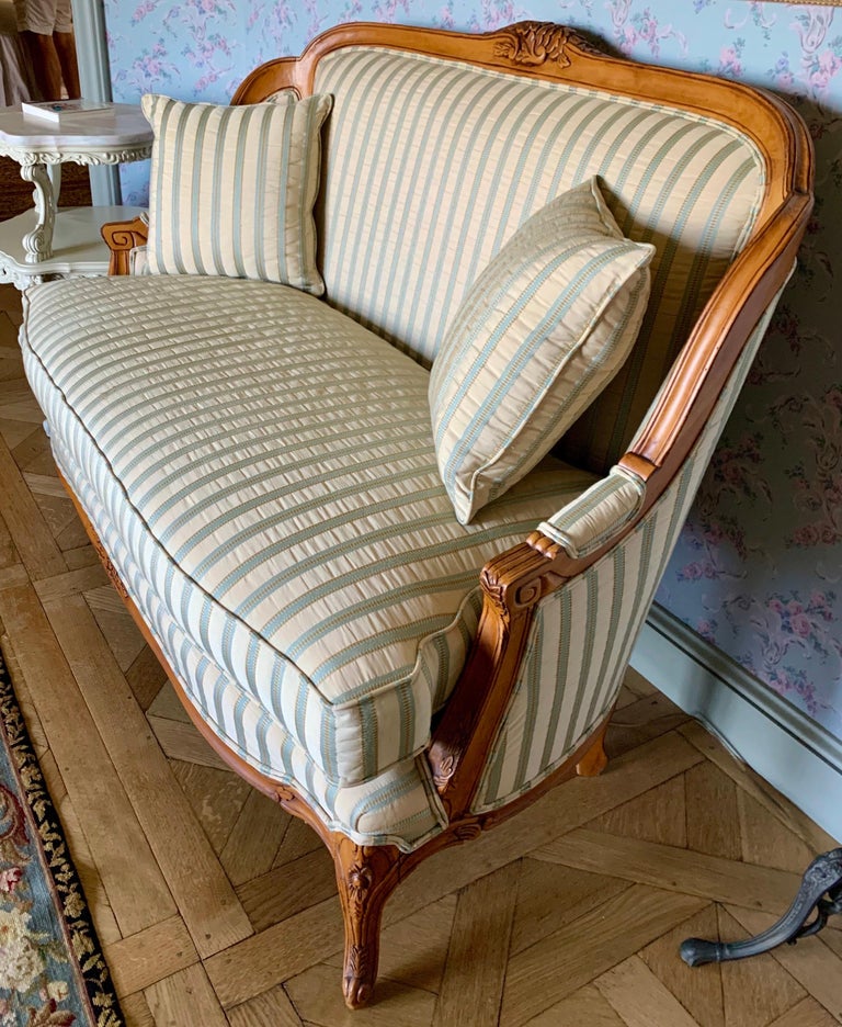French Louis XVI Style Carved Settee Loveseat with Silk Striped ...