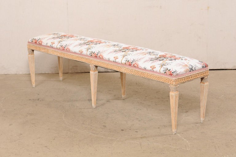 French Louis XVI Style Carved-Wood Slender Bench with Upholstered Seat ...