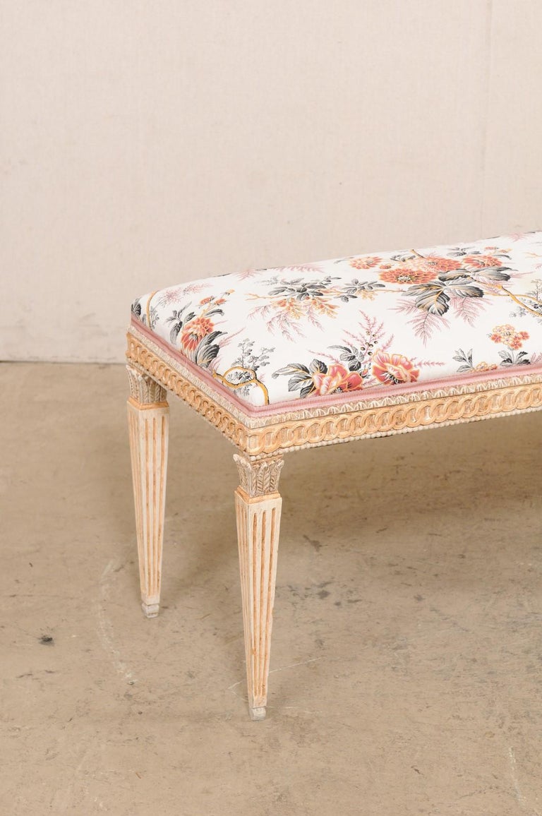 French Louis XVI Style Carved-Wood Slender Bench with Upholstered Seat ...
