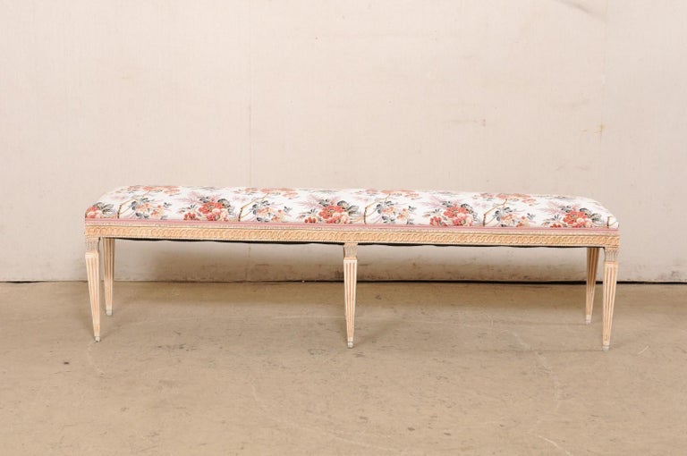 French Louis XVI Style Carved-Wood Slender Bench with Upholstered Seat ...