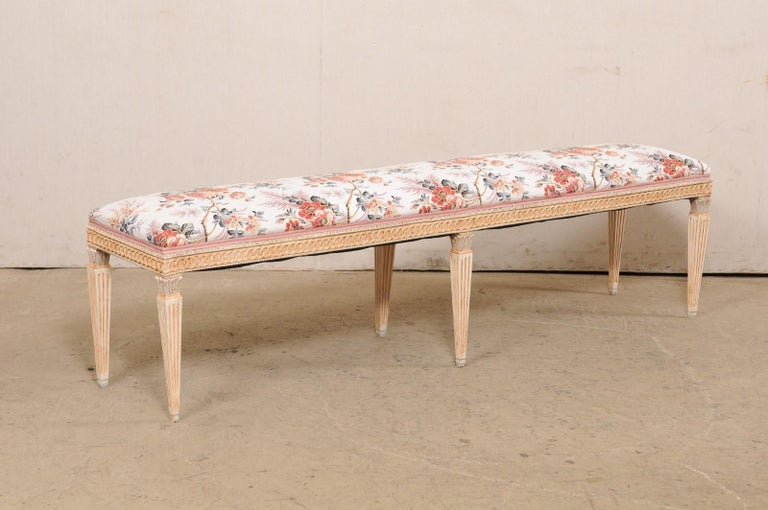 French Louis XVI Style Carved-Wood Slender Bench with Upholstered Seat ...