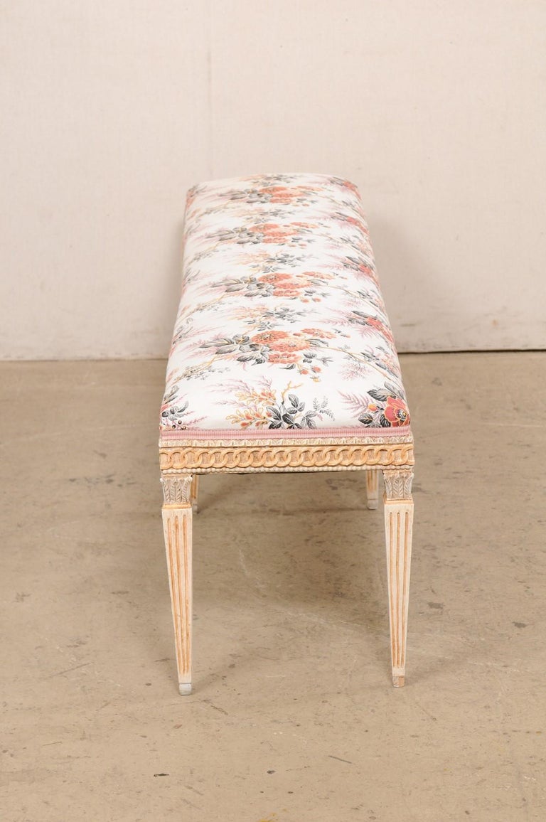 French Louis XVI Style Carved-Wood Slender Bench with Upholstered Seat ...