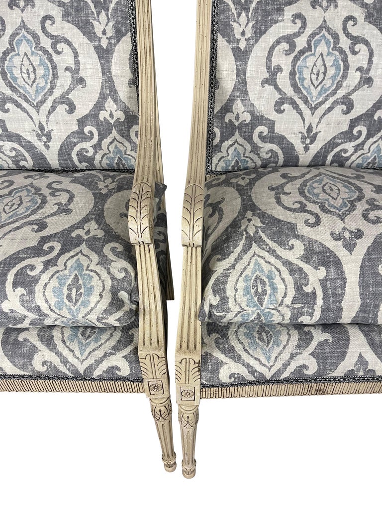French Louis XVI Style Chairs in Grey/Blue Ikat Linen For Sale at 1stDibs