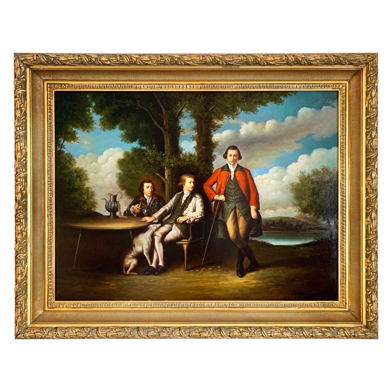 French Louis XVI Style Classical Original Oil Painting of Three Men in ...