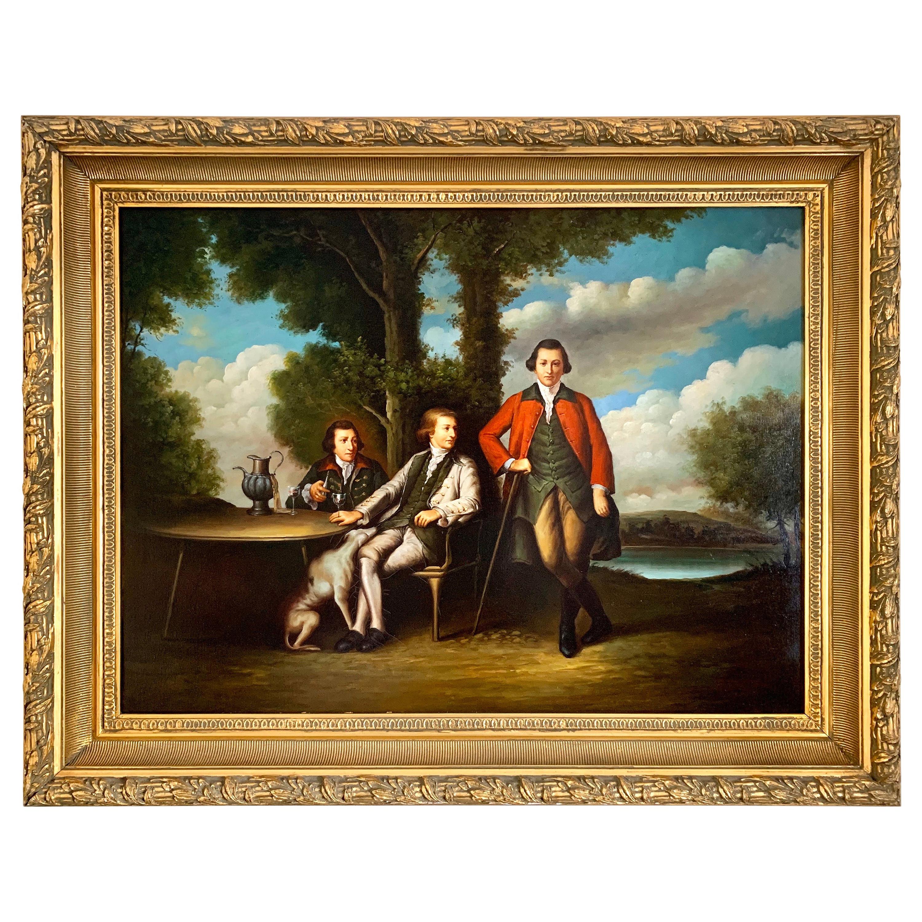 Large Classical Original Oil Painting of Three Men and a Dog at 1stDibs