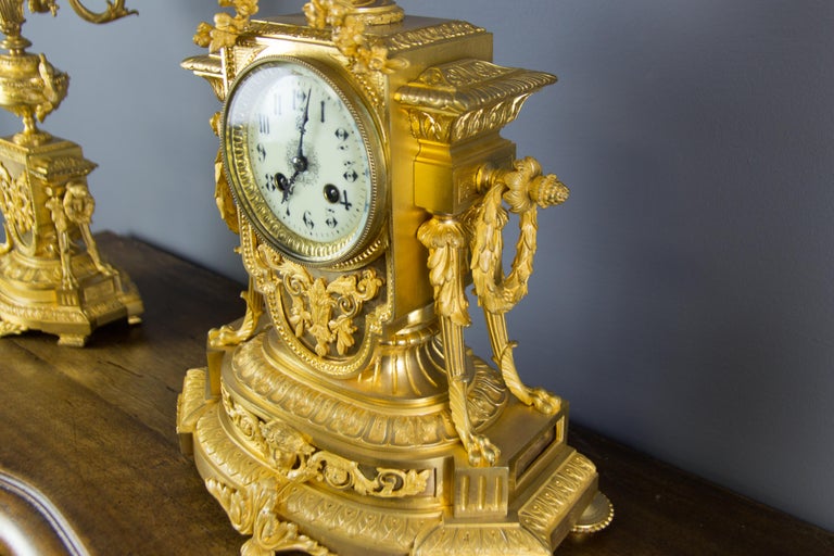 French Louis XVI Style Gilt Bronze Three-Piece Garniture Clock Set For ...