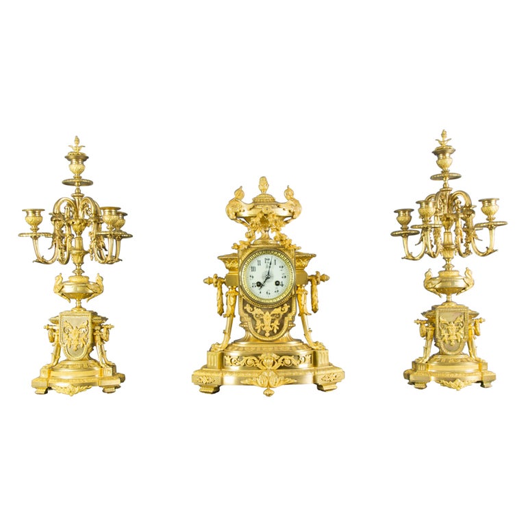 French Louis XVI Style Gilt Bronze Three-Piece Garniture Clock Set For ...