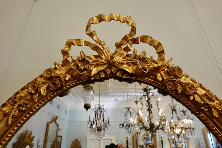 French Louis XVI Style Giltwood Mirror with Large Carved Bow Cartouche ...