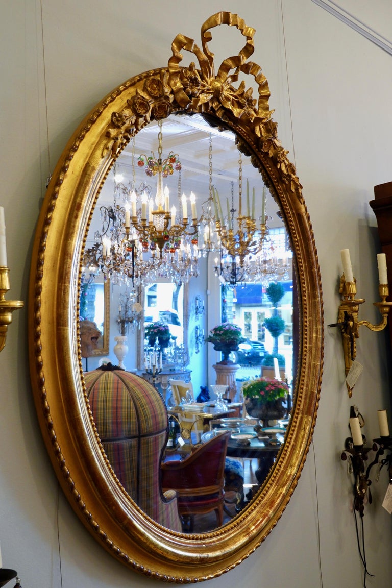 French Louis XVI Style Giltwood Mirror with Large Carved Bow Cartouche ...