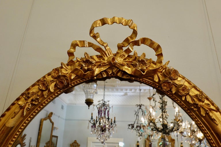 French Louis XVI Style Giltwood Mirror with Large Carved Bow Cartouche ...
