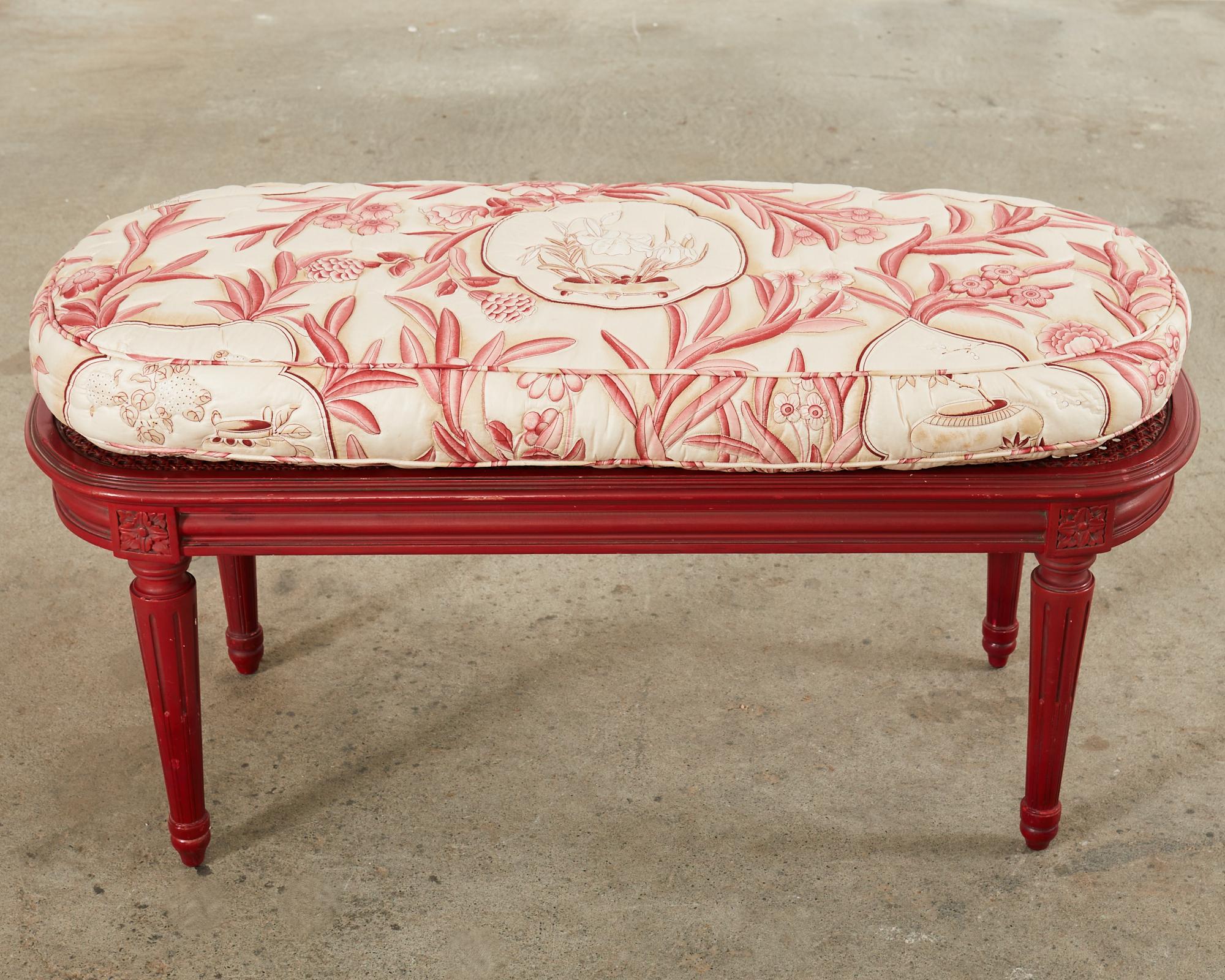 French Louis XVI Style Lacquered Oval Cane Bench For Sale at 1stDibs
