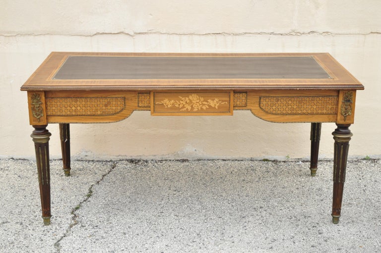 French Louis XVI Style Leather Top Bureau Plat Large Floral Inlay ...