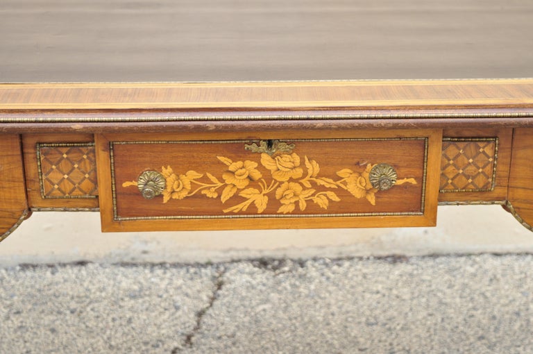 French Louis XVI Style Leather Top Bureau Plat Large Floral Inlay ...