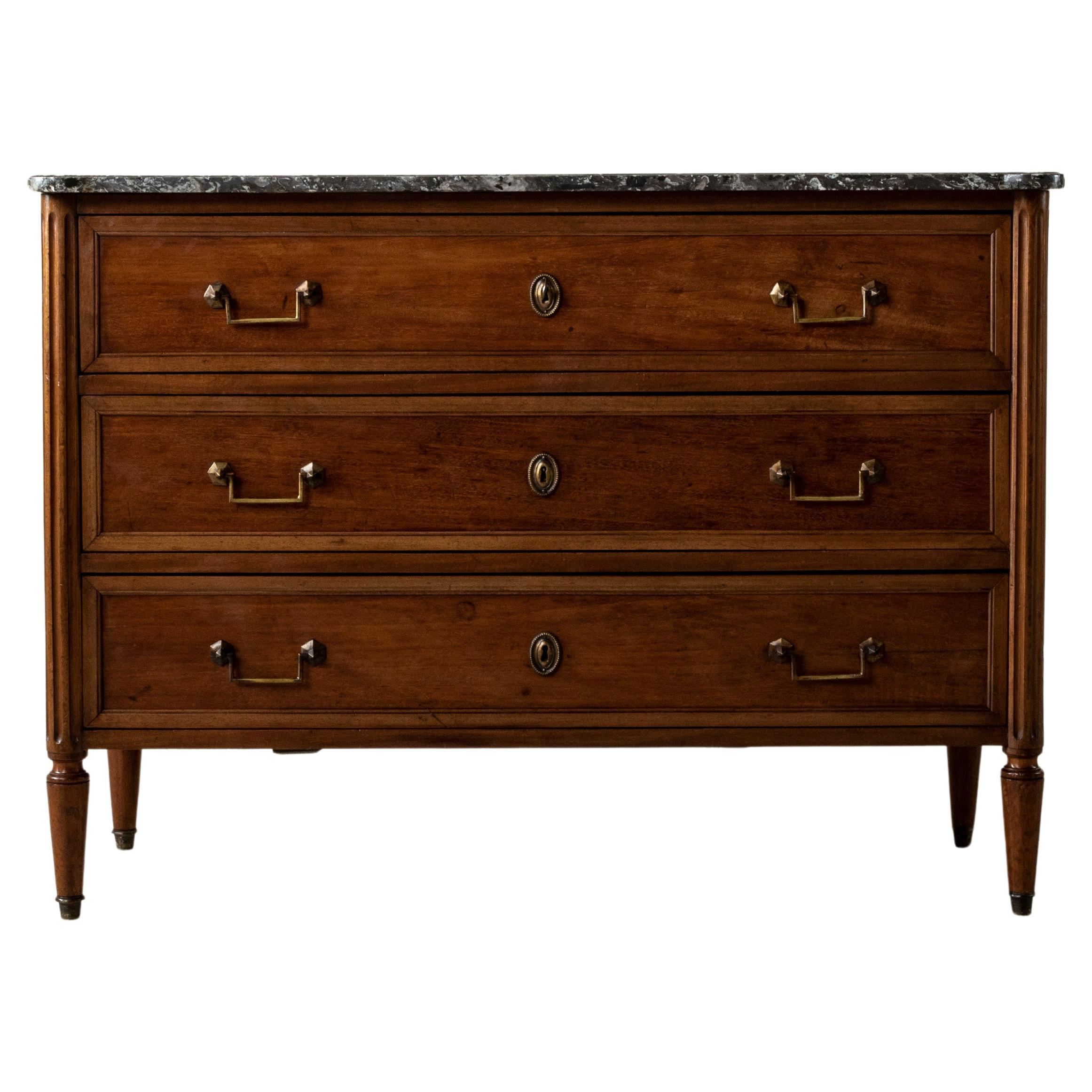 French Louis XVI Style Mahogany Commode or Chest, Marble Top at 1stDibs